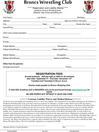 PPT - Broncs Wrestling Club ***** Registration and Liability Waiver ...